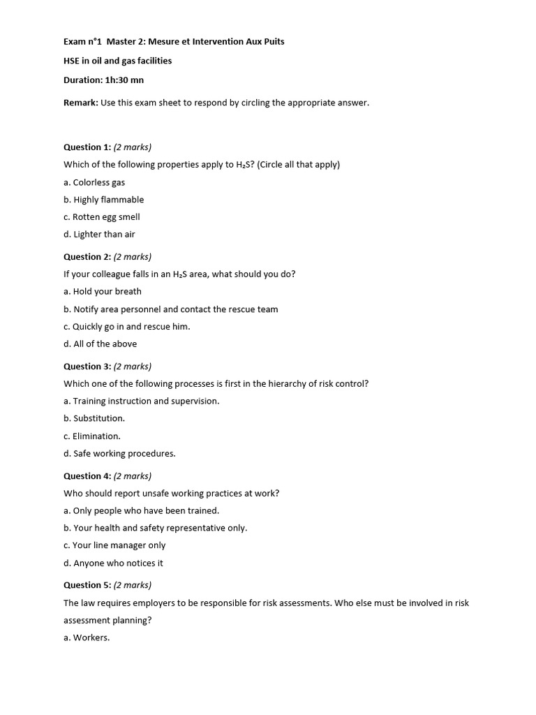 HSE Exam-HSE in Oil and Gas Facilities-M2 Mesure Et Intervention Sur Puits 2024 | PDF