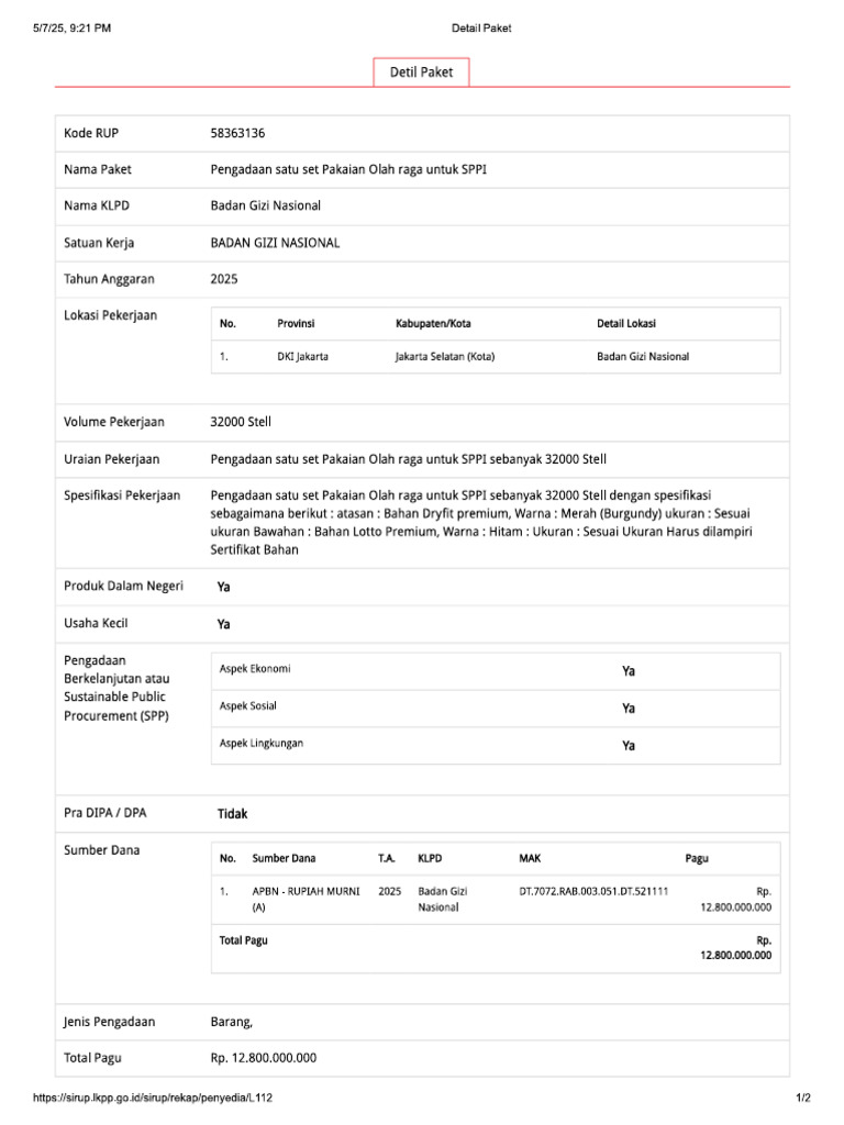 Pengadaan Satu Set Pakaian Olah Raga Untuk SPPI | PDF