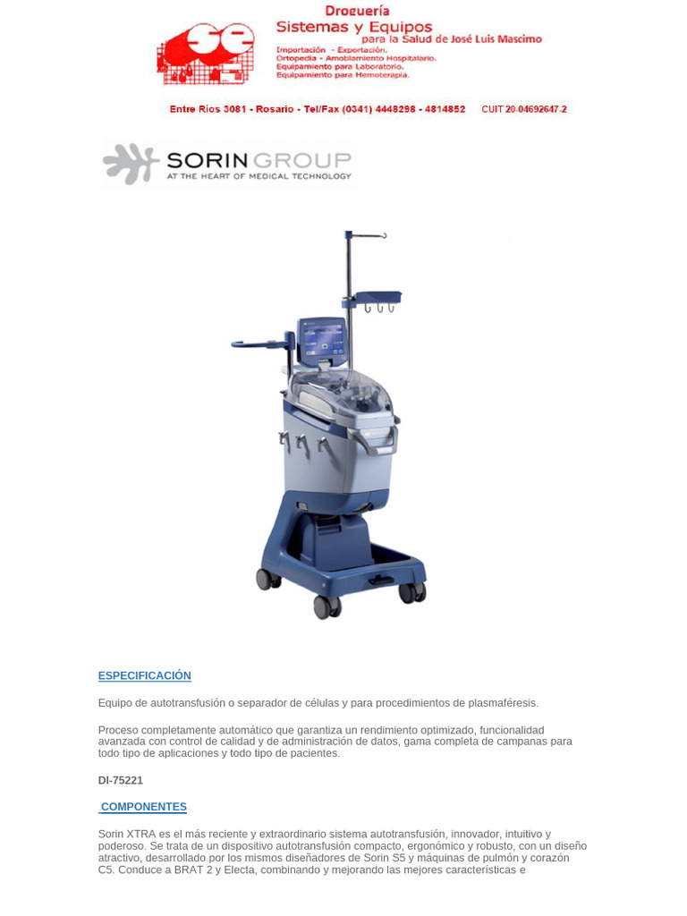Sistema de Autotransfusión Sorin XTRA | PDF | Sangre | Transfusión de ...