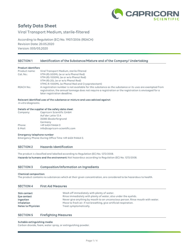 Safety Data Sheet for Viral Transport Medium | PDF | Dangerous Goods ...