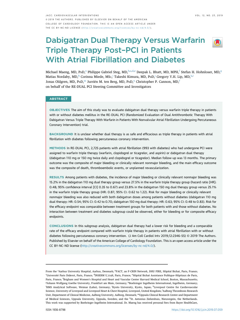 Dabigatran Dual Therapy Versus Warfarin Triple Therapy Post-PCI in ...