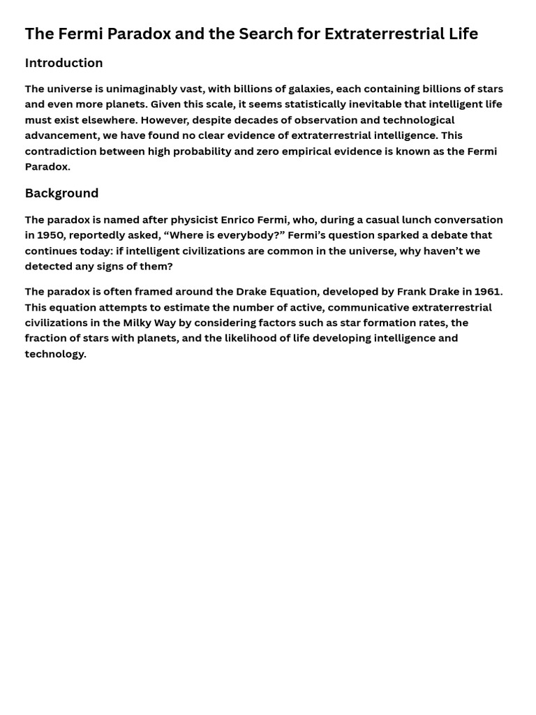 The Fermi Paradox and The Search For Extraterrestrial Life | PDF