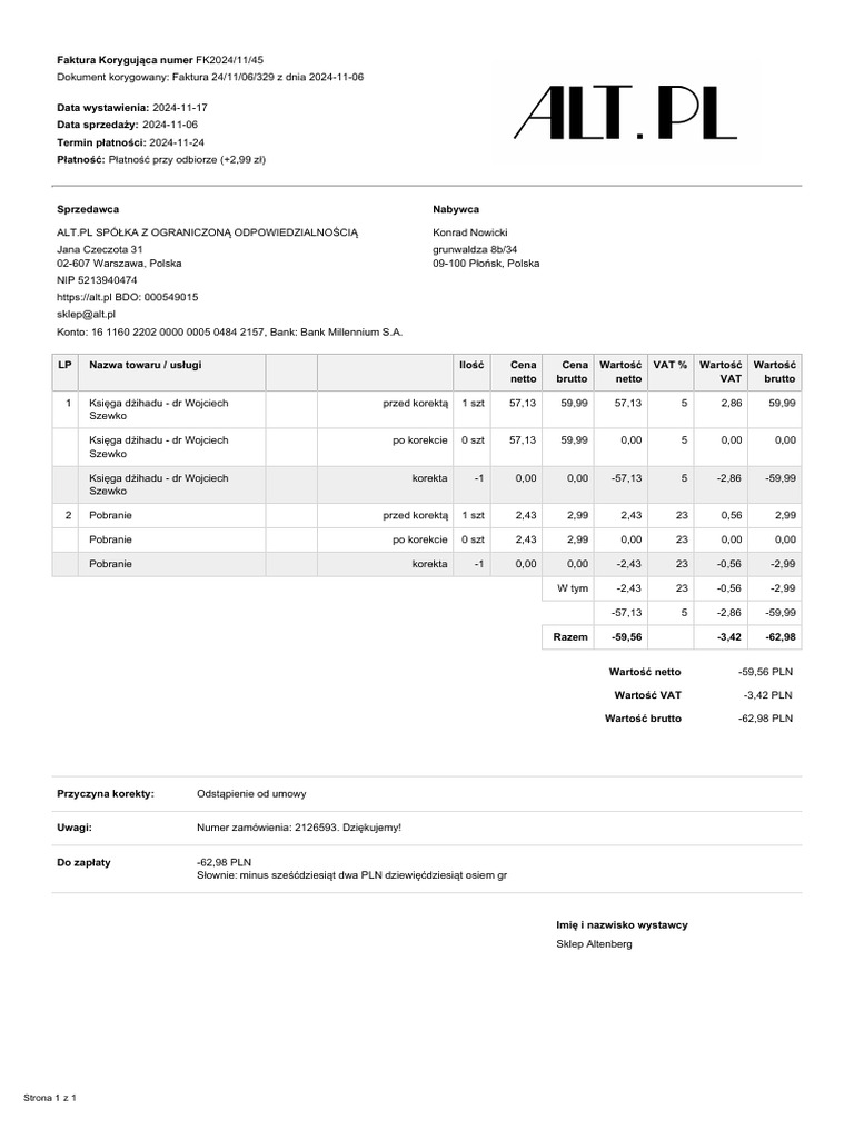 Faktura Korygujaca Fk2024!11!45 | PDF