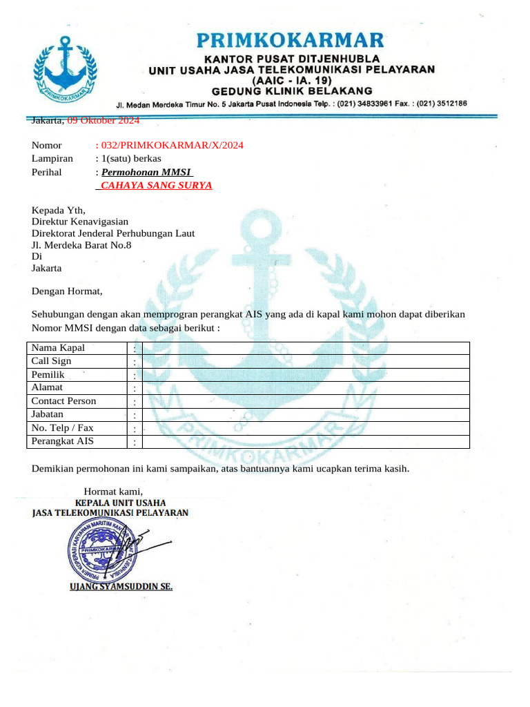 Form Surat Permohonan MMSI (Tanpa Buku Radio) | PDF