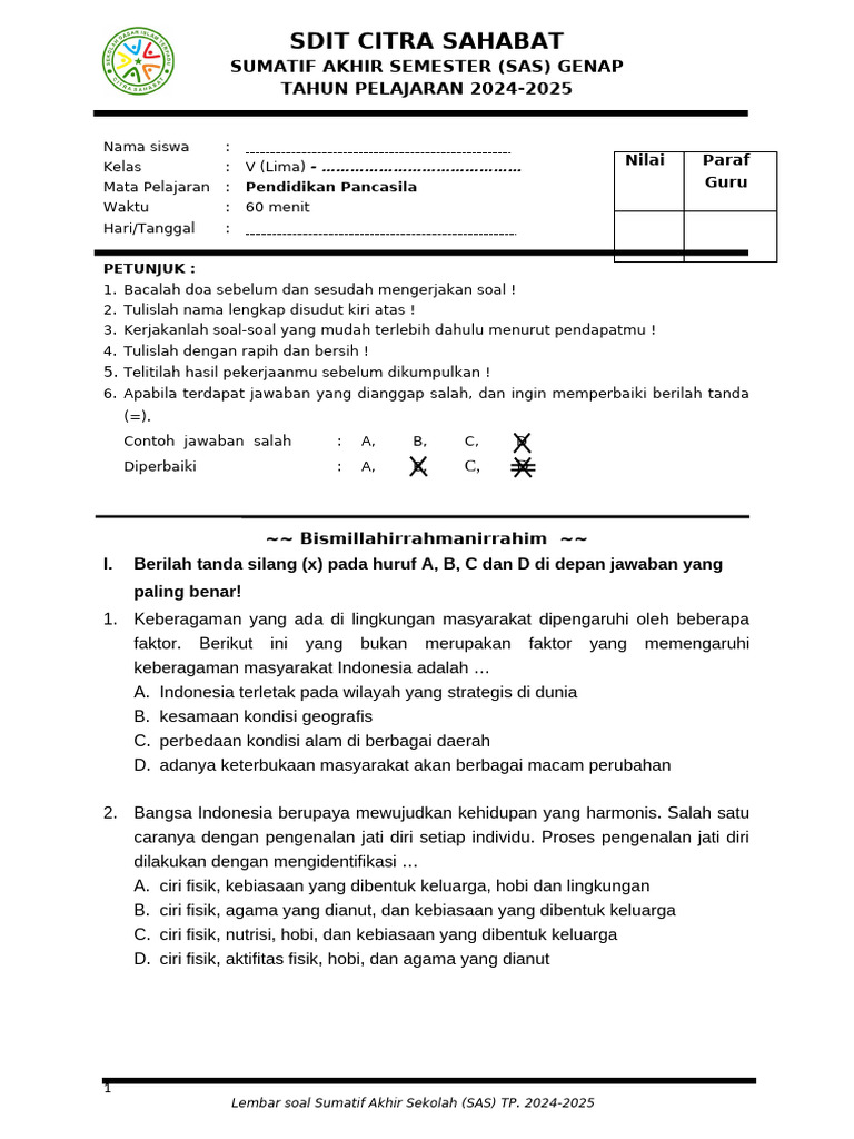 Sas Pendidikan Pancasila (1) | PDF