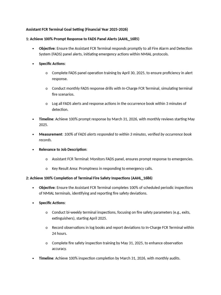 Assistant FCR Terminal Goal Setting | PDF | Audit | Fire Safety