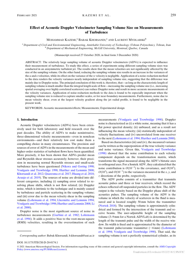 Effect of ADV Sampling Volume Size | PDF | Reynolds Number | Turbulence