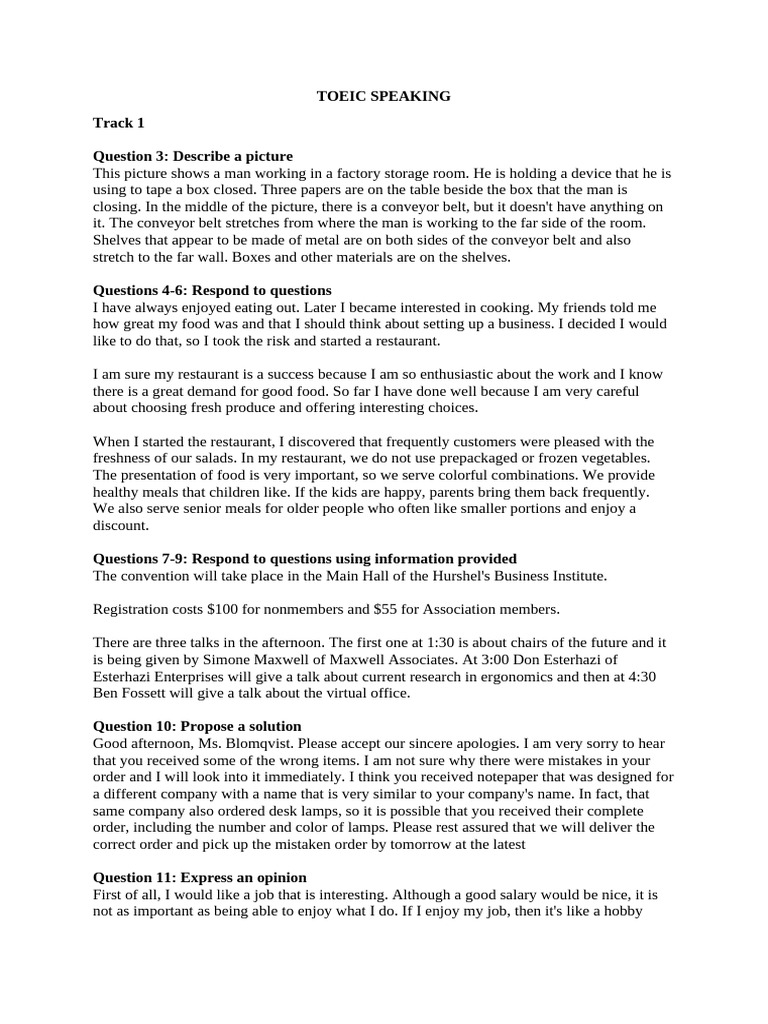 TOEIC Speaking Practice: Scenarios & Responses | PDF | Restaurants | Meal