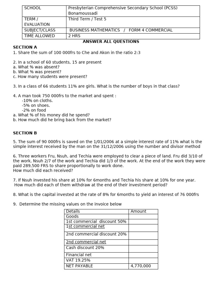 Business Mathematics F4 Com. 5th Seq - GERALD ANGYE | PDF