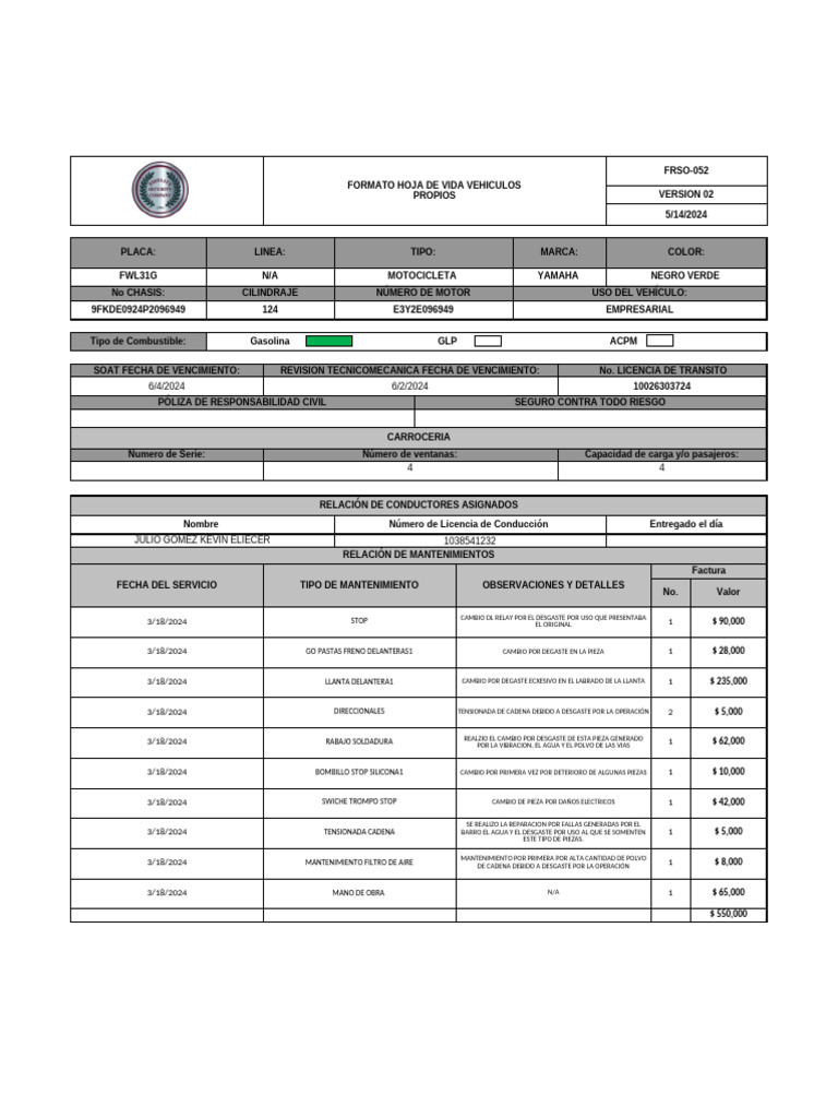 FRSO - 052 Formato Hoja de Vida Vehiculos Propios | PDF | Seguro de vehículo | Economía del ...