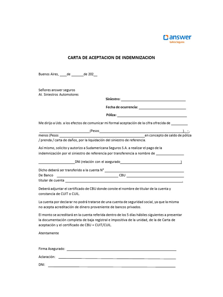 Carta de aceptación answer seguros | PDF