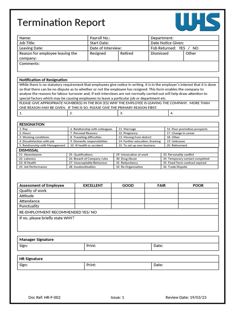 HR F 002 Termination Report | PDF | Employment | Labor
