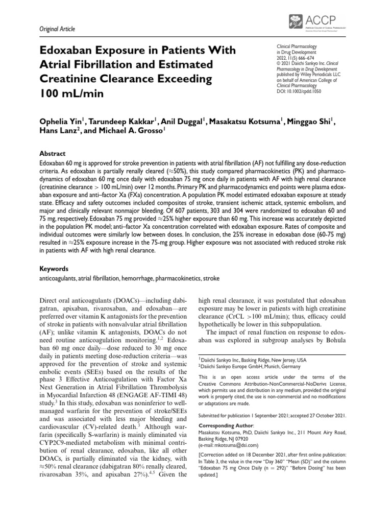 Edoxaban Exposure in Patients With Atrial Fibrillation and Estimated ...