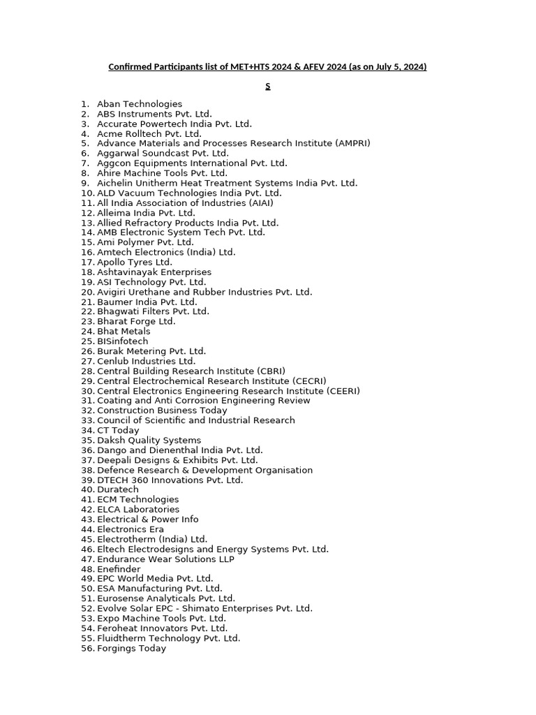 Confirmed Participants List of MET+HTS 2024 AFEV 2024 (As On July 5 ...