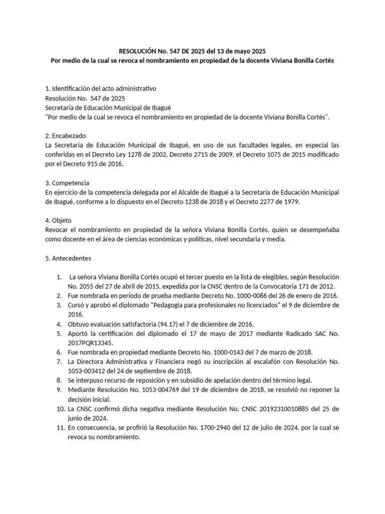 Revocación de nombramiento docente Ibagué | PDF | Gobierno