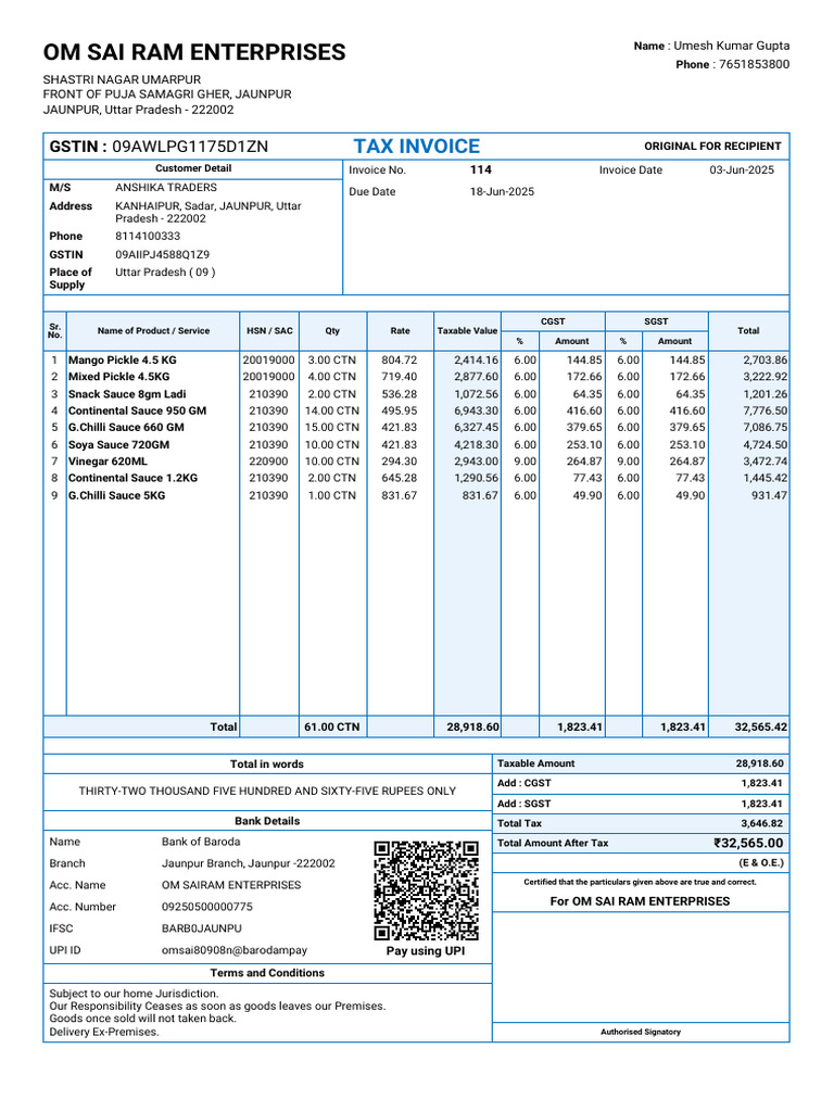 Invoice - 114 ANSHIKA TRADERS 10 15 1 | PDF | Condiments | Foods