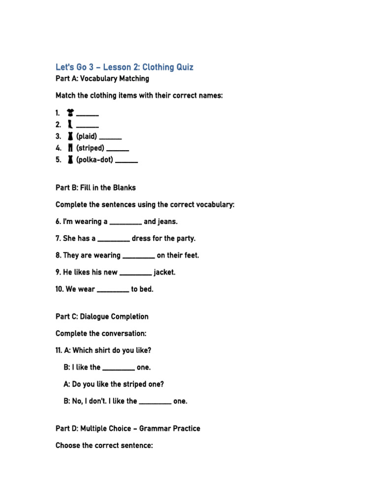 LetsGo3 Lesson2 Clothing Quiz | PDF