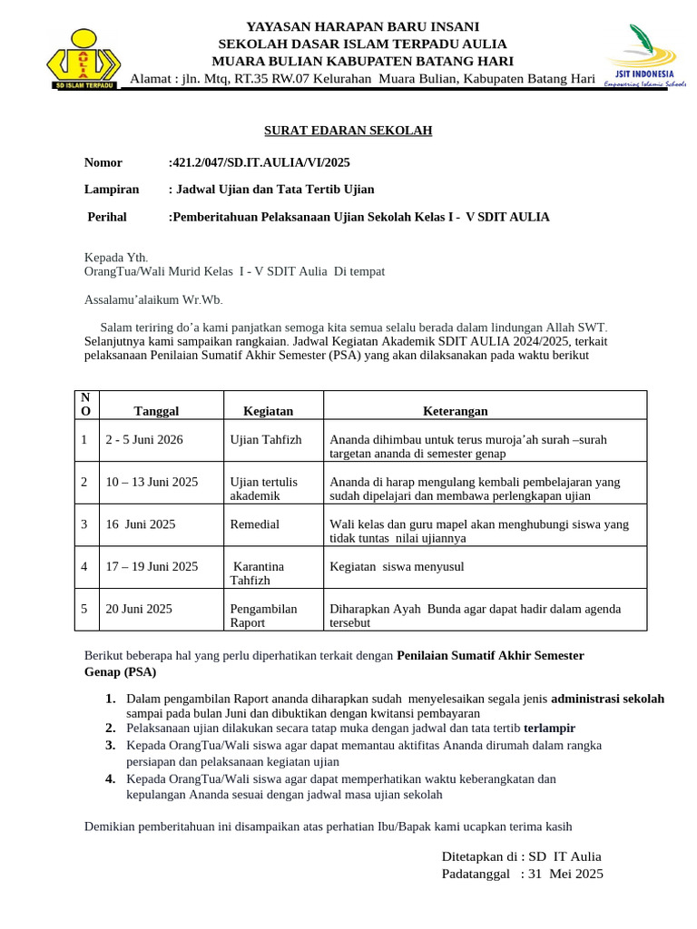 Surat Edaran Ujian Kelas I-V | PDF