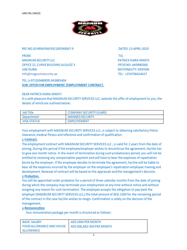 Employment Offer for Security Guard in UAE | PDF | Employment | Salary