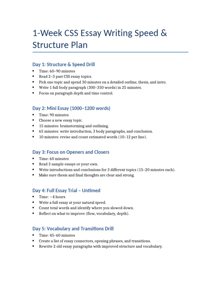 CSS Essay 1 Week Writing Plan | PDF