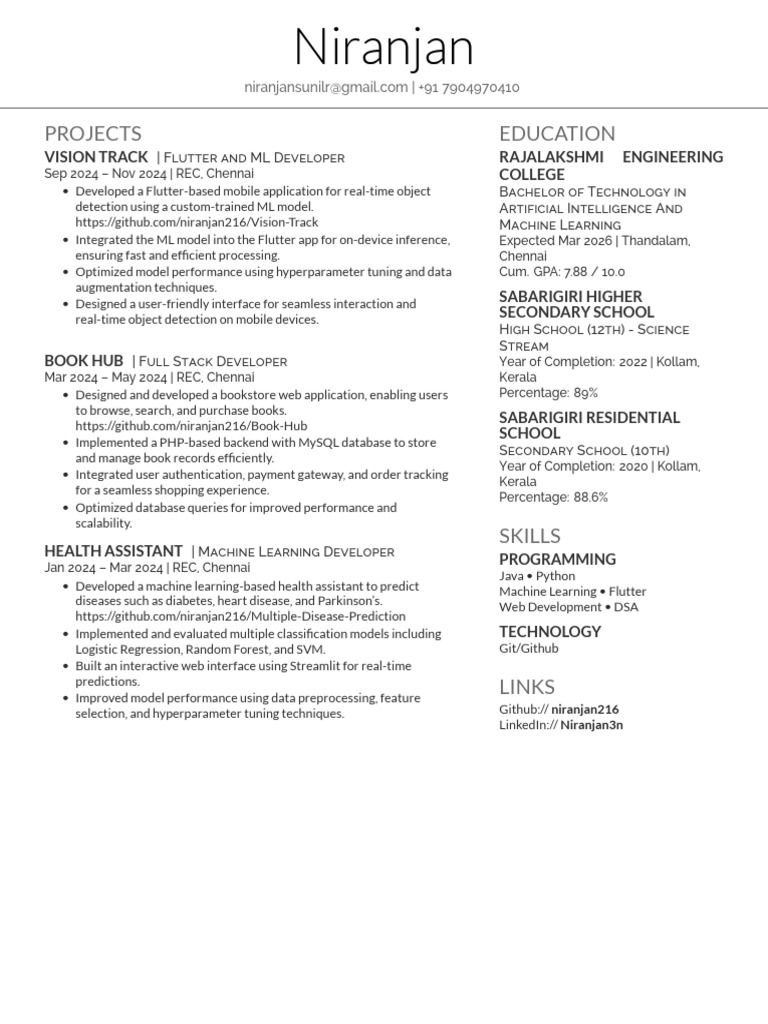 Niranjan Resume | PDF | Machine Learning | Databases