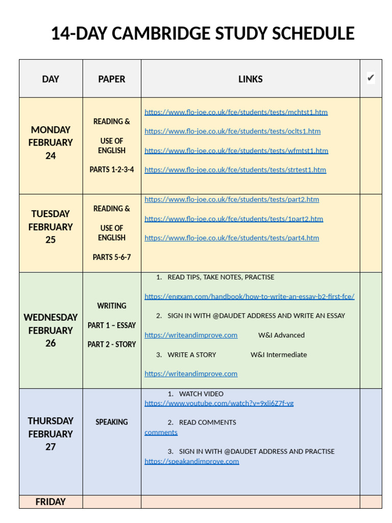 Cambridge Study Schedule | PDF