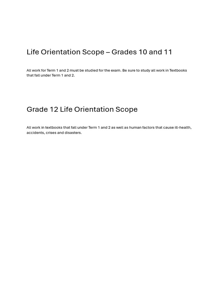 Life Orientation Exam Scope for Grades 10-12 | PDF