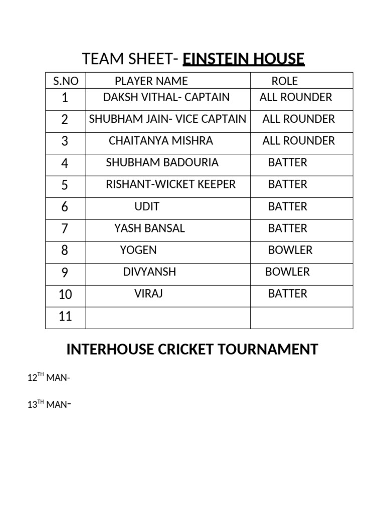 Einstein House Cricket Team Sheet | PDF