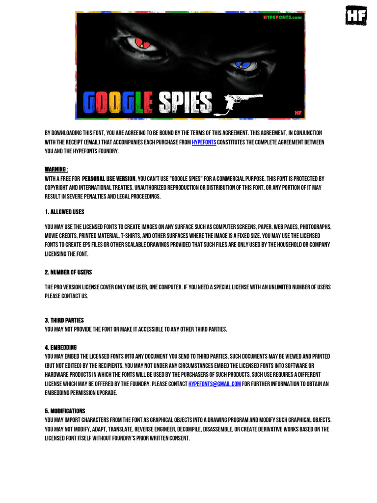 Google Spies Font License Agreement | PDF | Private Law | Business Law