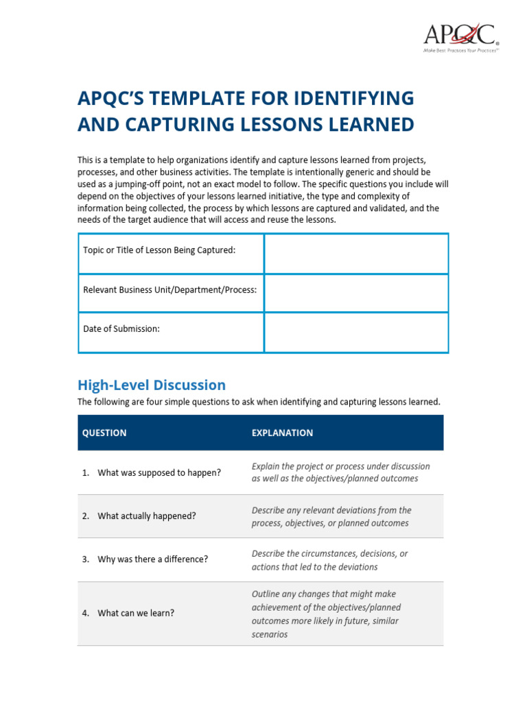 K04082 APQC Template Capture Lessons Learned | PDF | Cognitive Science ...
