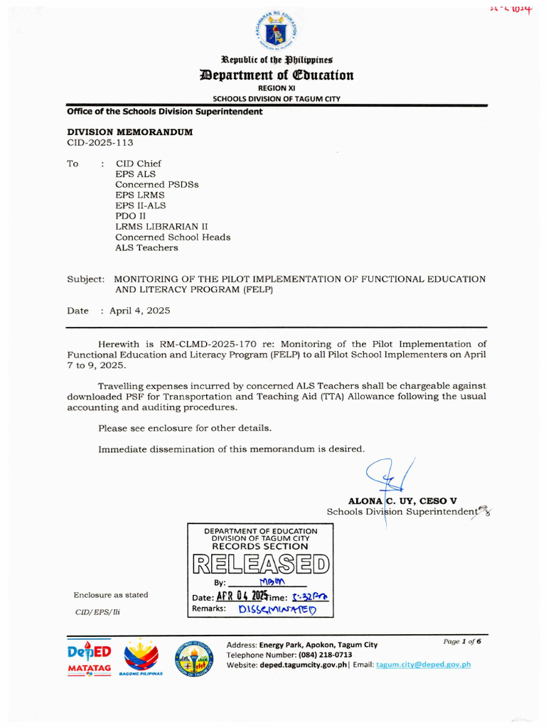 DM Cid 2025 113 4-4-2025 Monitoring of The Pilot Implementation of ...