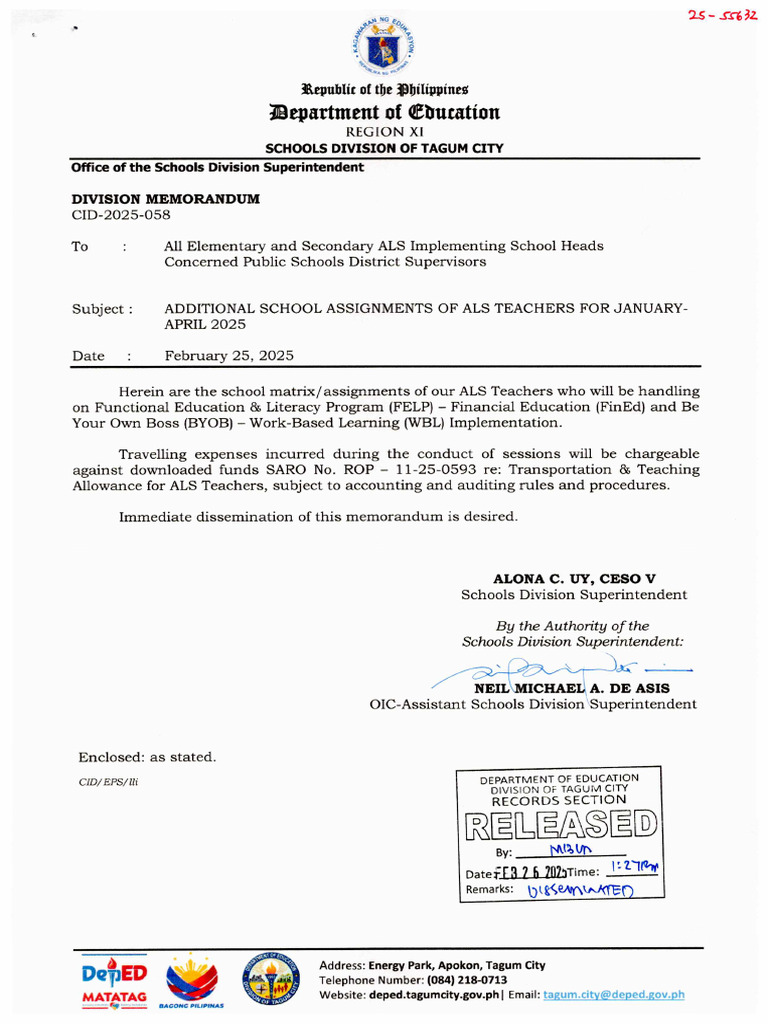 DM Cid 2025 058 02-26-2025 Additional School Assignments of Als ...