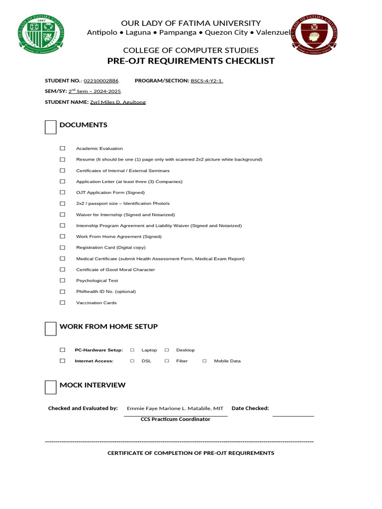 Pre Ojt Requirements Checklist Certificate | PDF