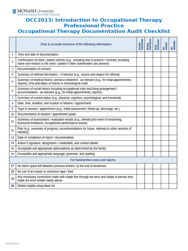 Occupational Therapy Documentation Checklist | PDF | Occupational ...