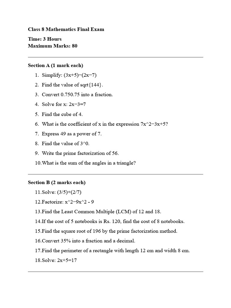 Mathematics Previous Year Question Paper | PDF