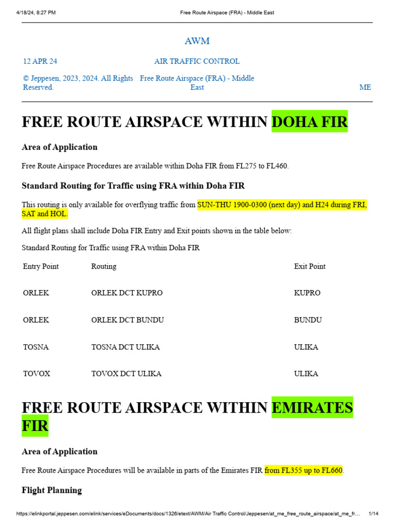 FRA Procedures in Middle East Airspace | PDF | Instrument Flight Rules ...