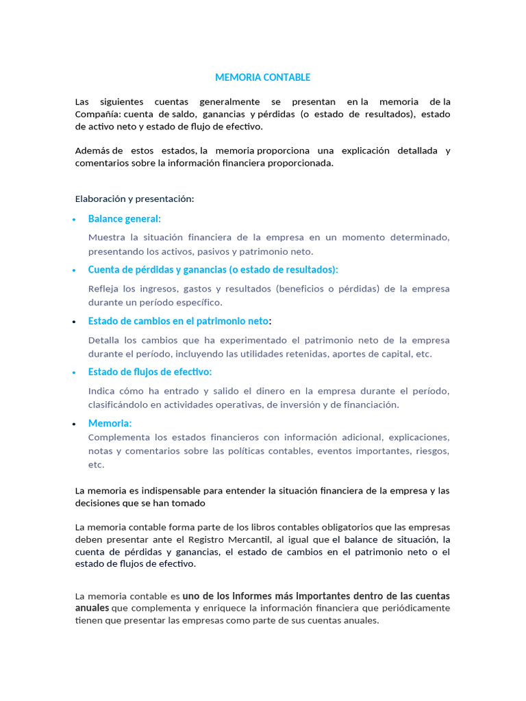 Memoria Contable | PDF | Contabilidad | Estado financiero