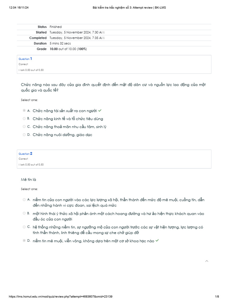 Bài Kiểm Tra Trắc Nghiệm Số 3 Attempt Review BK LMS | PDF
