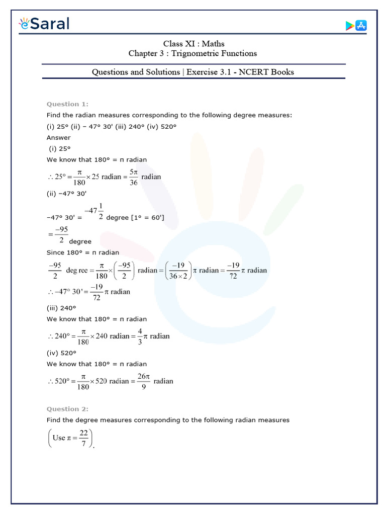 CH 3 Trig Func Ncert SOLN | PDF | Circle | Angle