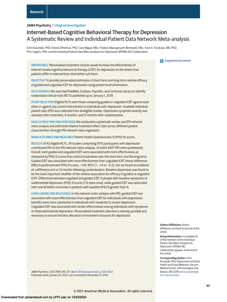 8-Internet-Based Cognitive Behavioral Therapy For Depression | PDF | Major Depressive Disorder ...