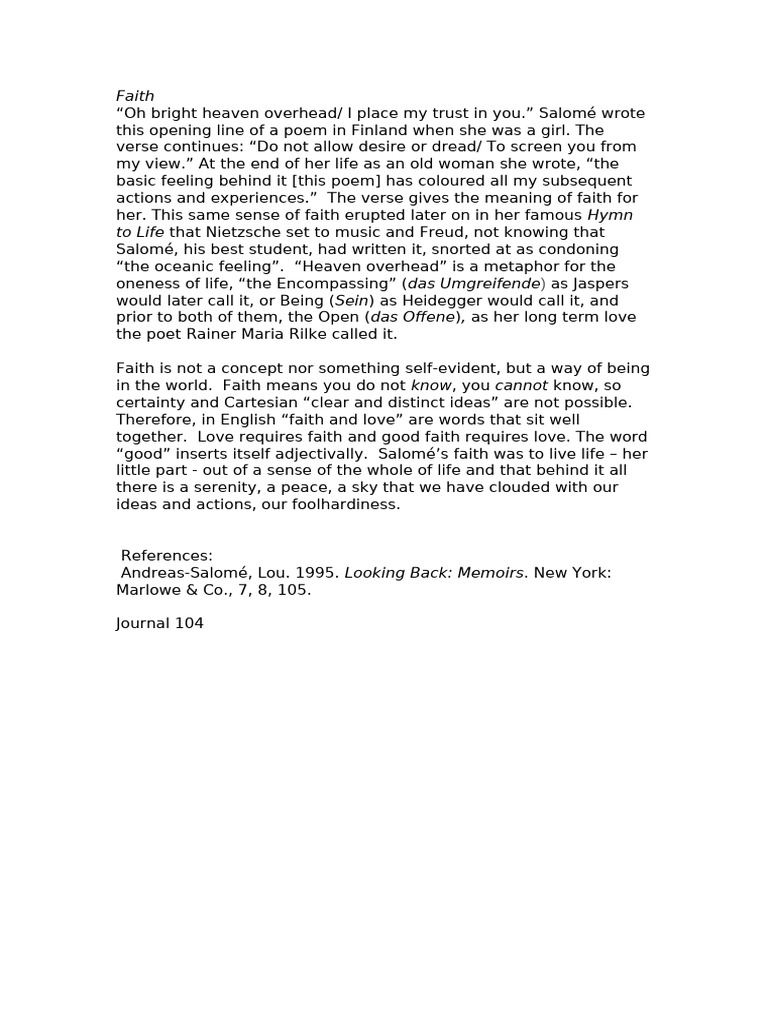 Lou Andreas-Salomé On Faith - Del Nevo | PDF