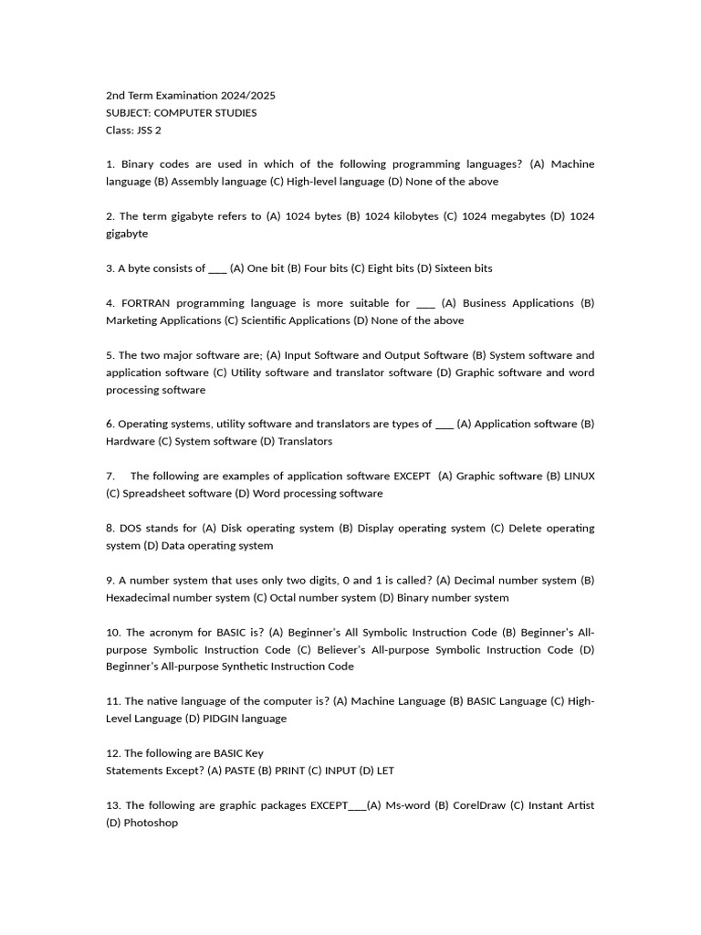 JSS2 Computer Examination Questions | PDF | Programming | Computer Program