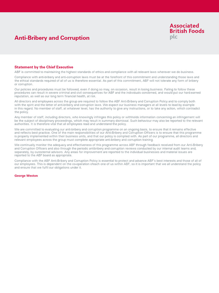 ABF Anti Bribery and Corruption Policy | PDF | Bribery | Corruption