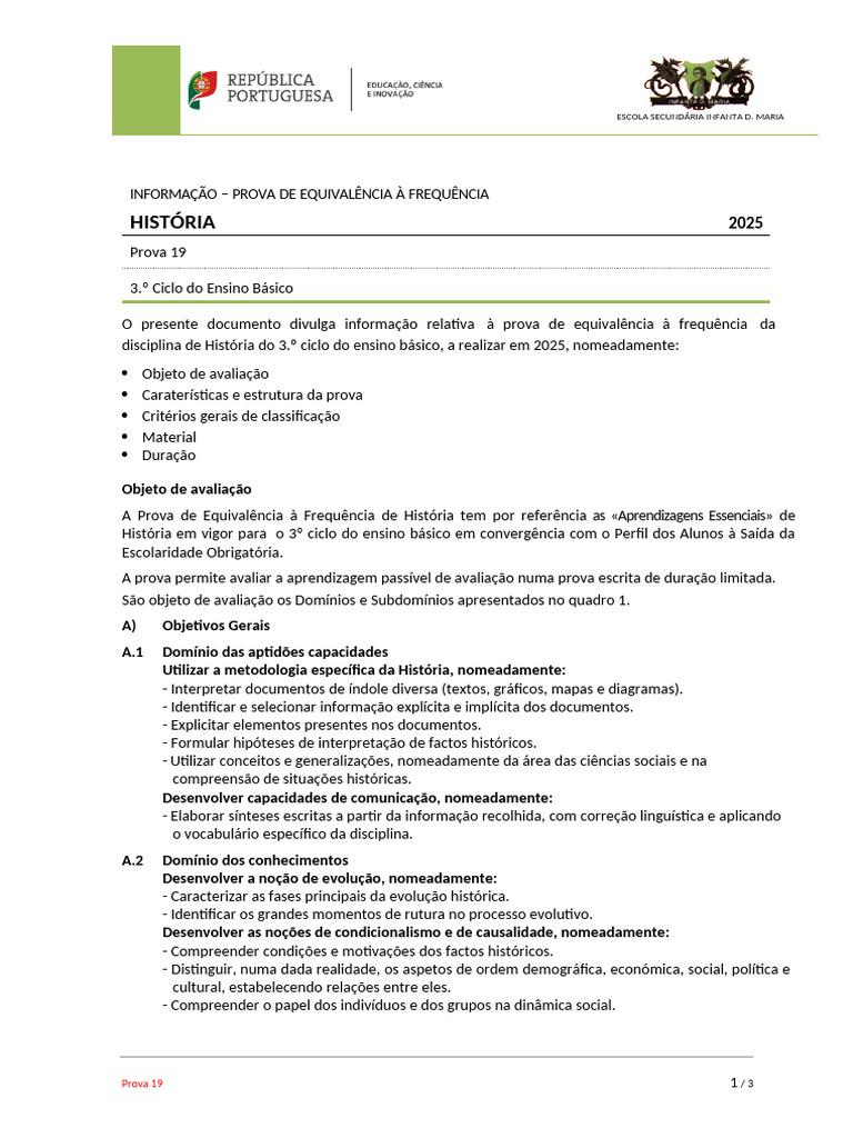 Informação Prova HISTORIA PEF 3ºciclo 2025 | PDF | Aprendizado | Revoluções