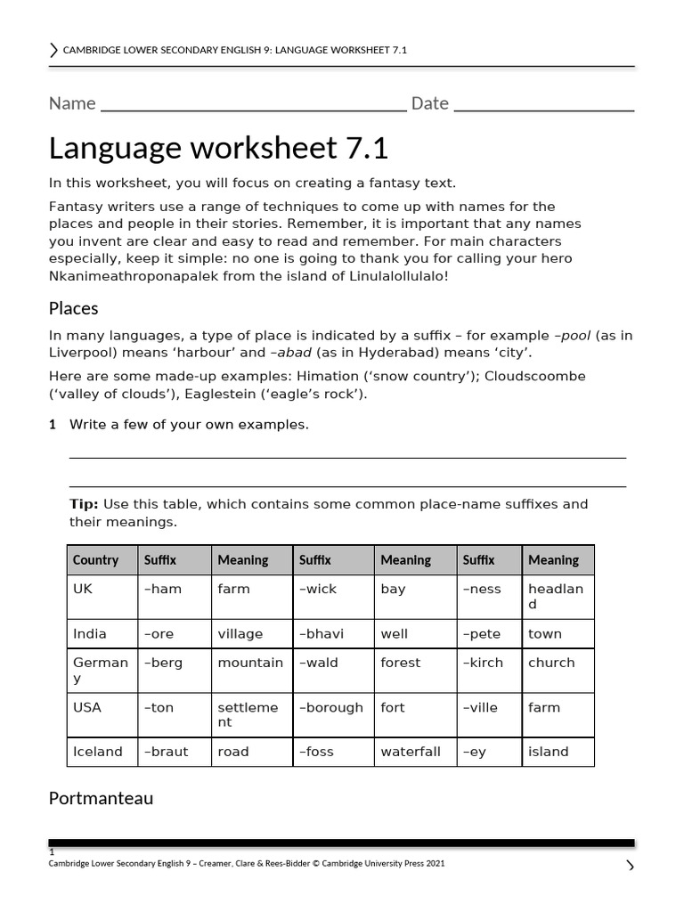 Fantasy Name Creation Worksheet | PDF | Linguistics | Language Families