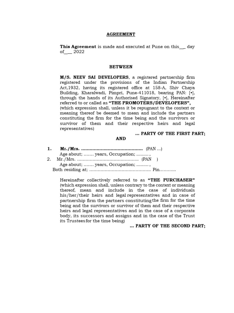 1 Proforma of Agreement For Sale NEEV SAI DEVELOPERS | PDF | Indemnity | Taxes