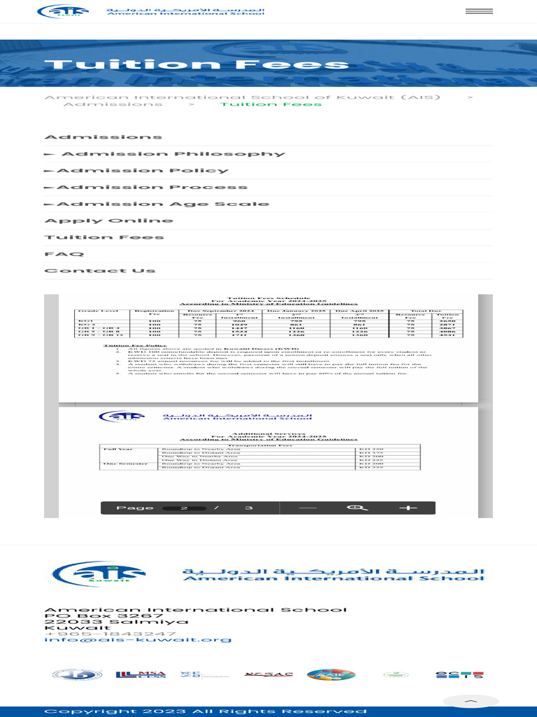 Tuition Fees - American International School of Kuwait (AIS) | PDF