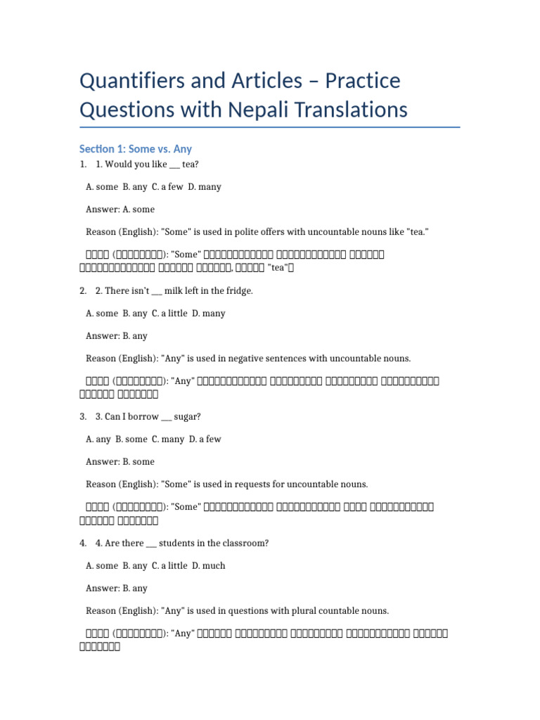 Quantifiers and Articles Advanced | PDF