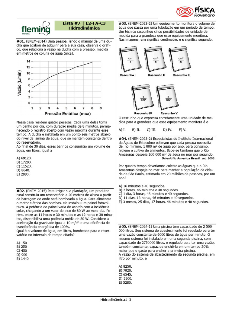2025 FIS Lista L7 FA C3 Hidrodinamica | PDF | Pressão | Descarga ...