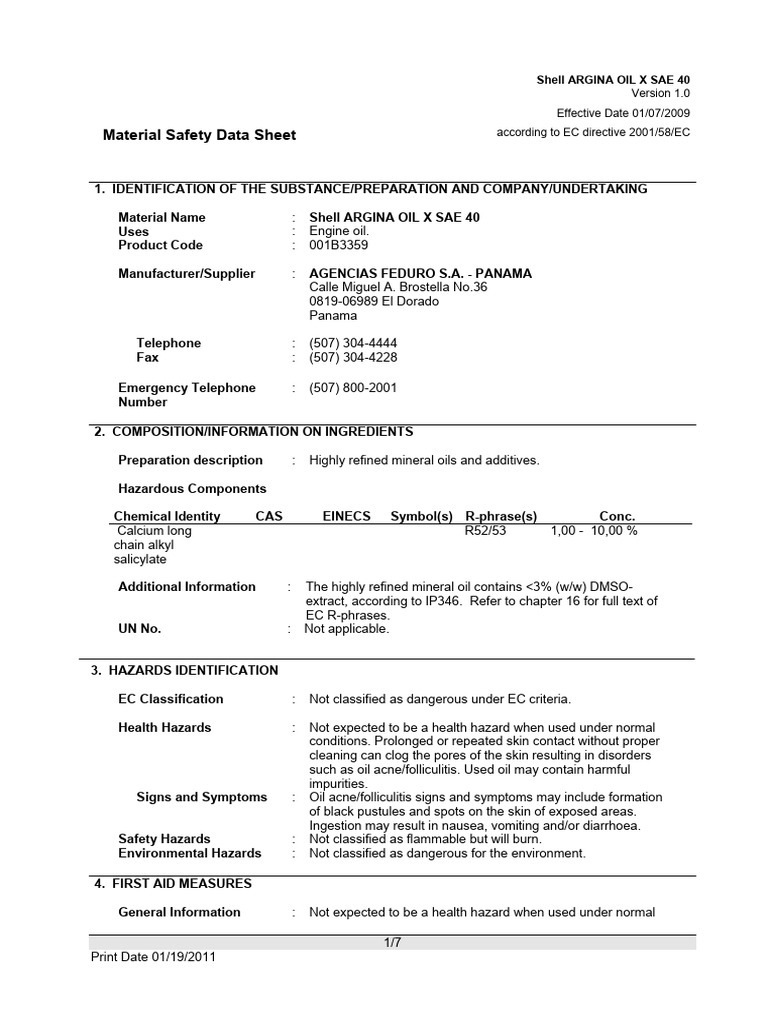 Shell ARGINA OIL X SAE 40 MSDS | PDF | Toxicity | Hazards